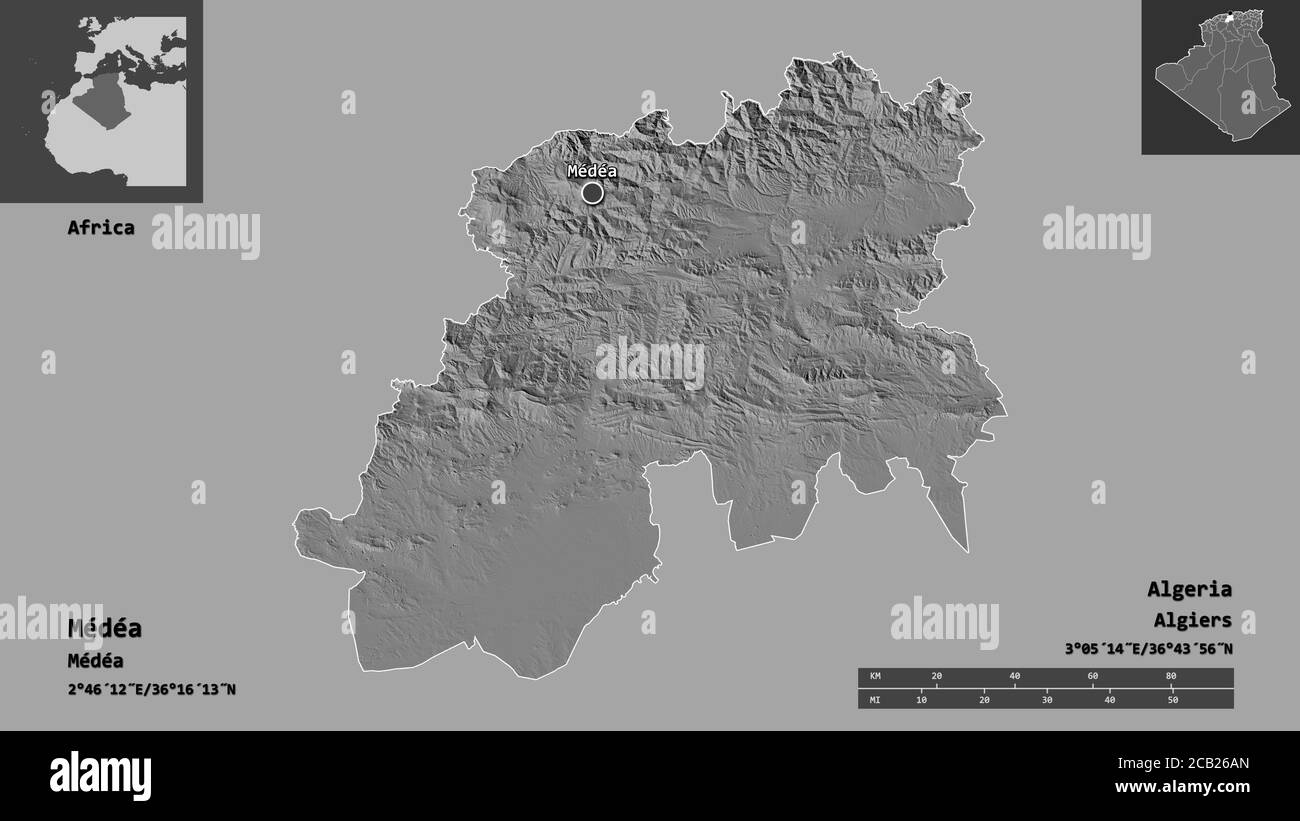 Shape of Médéa, province of Algeria, and its capital. Distance scale ...