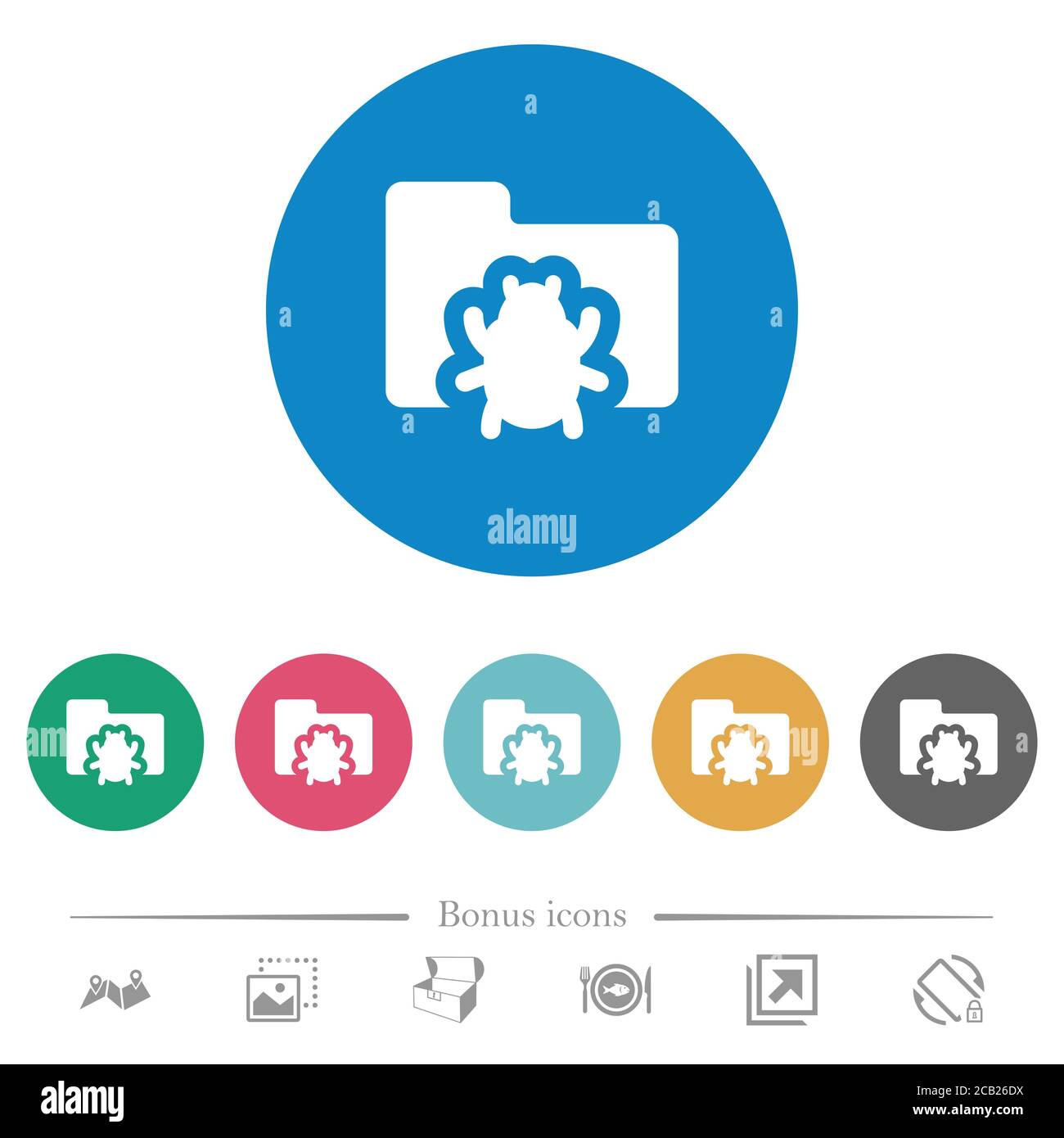 Bug folder flat white icons on round color backgrounds. 6 bonus icons ...