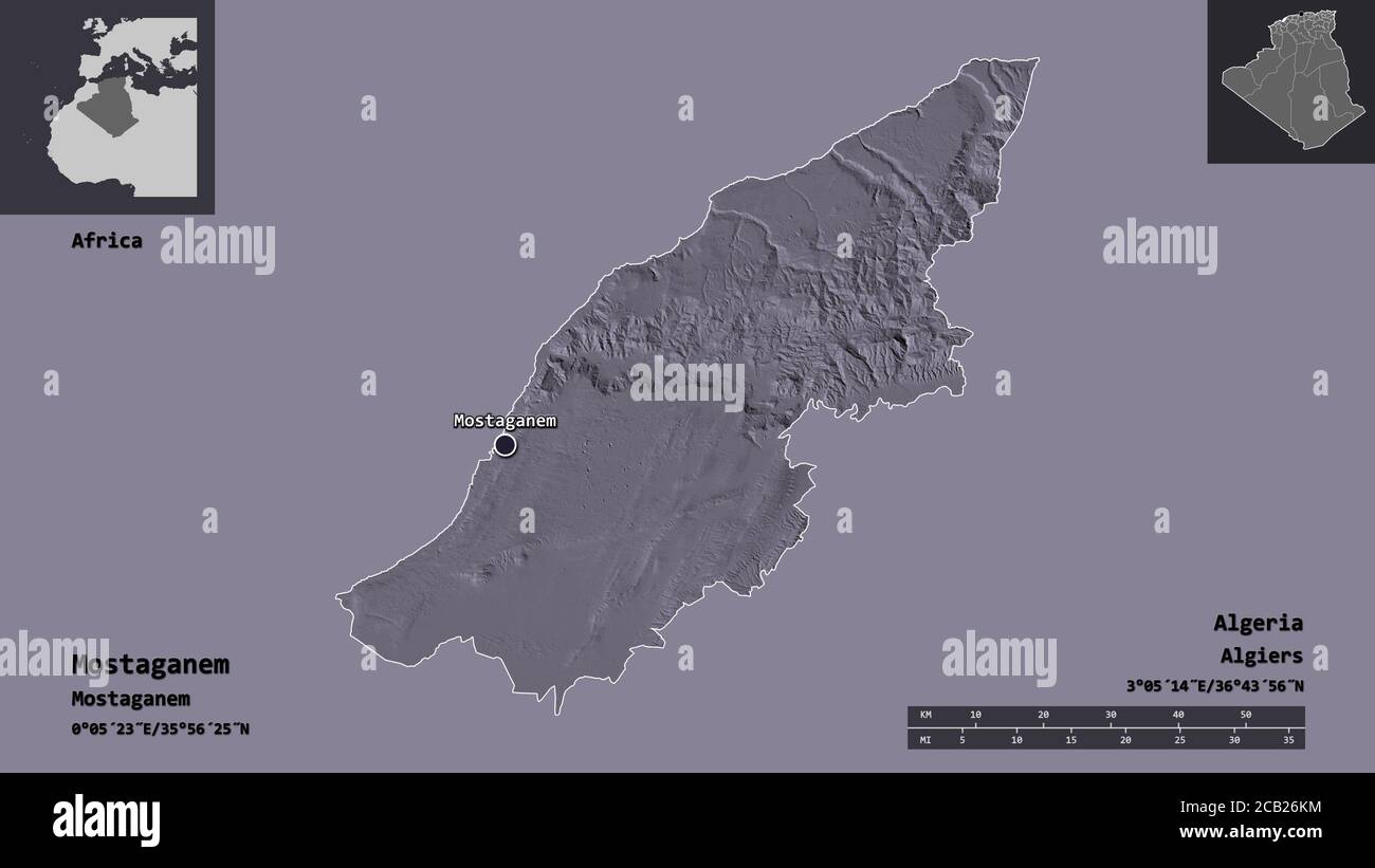 Shape of Mostaganem, province of Algeria, and its capital. Distance ...