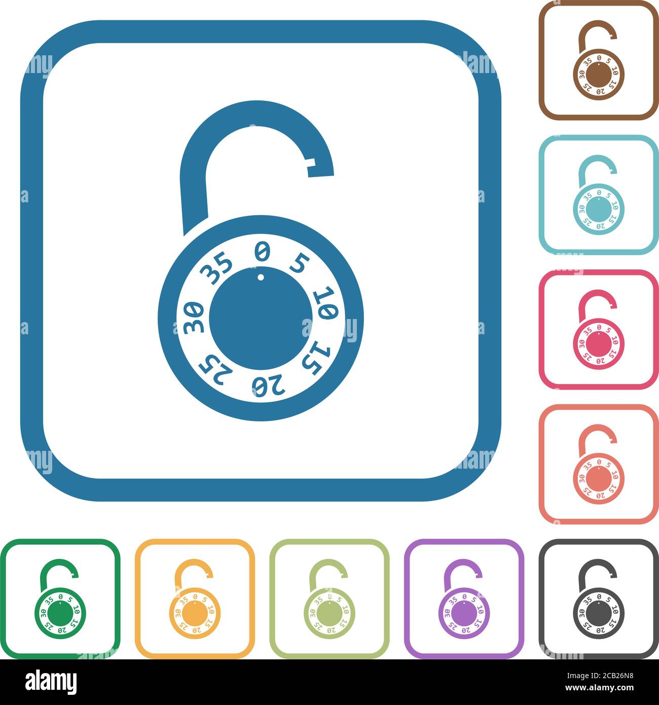 Unlocked round combination lock simple icons in color rounded square ...