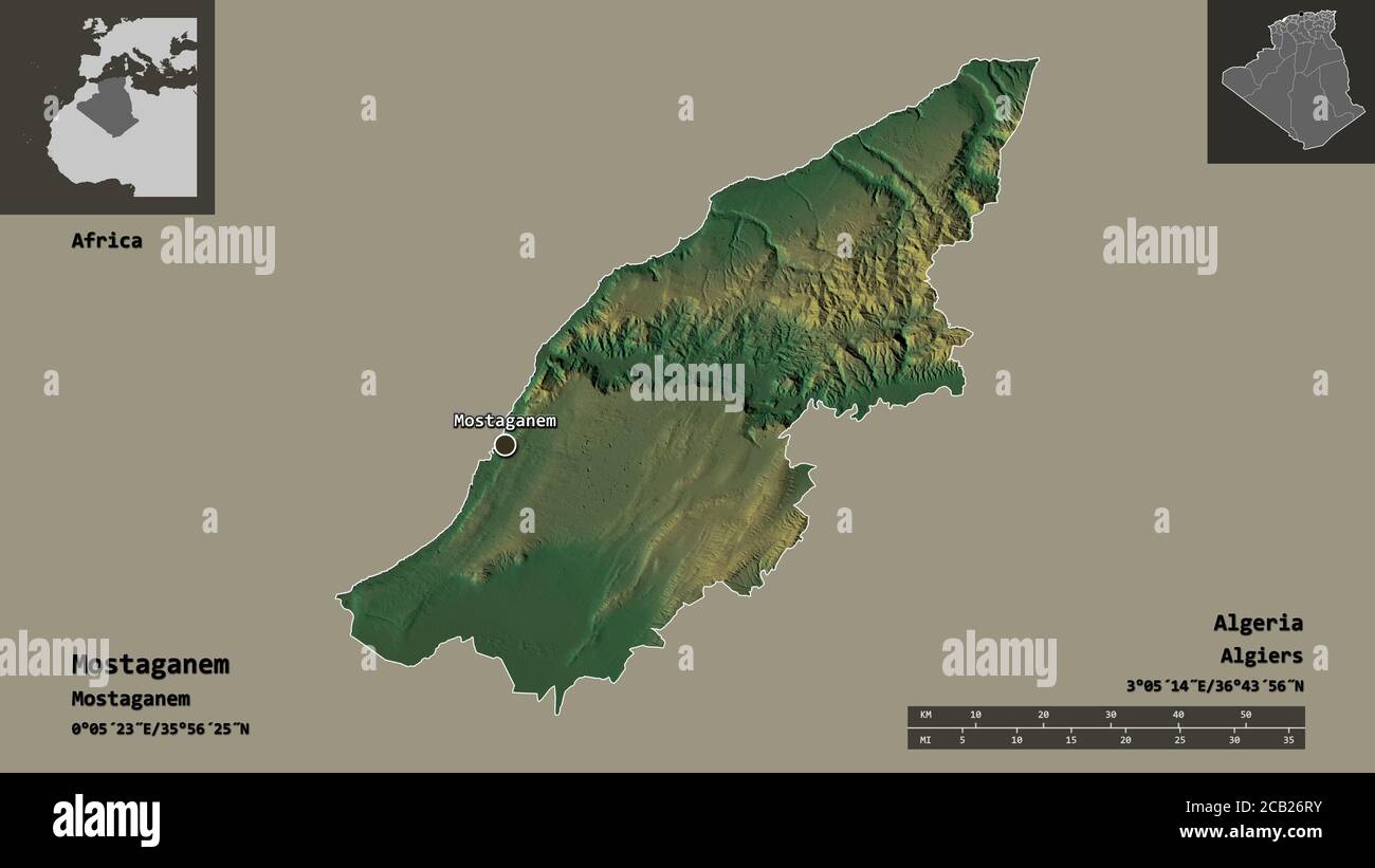 Shape of Mostaganem, province of Algeria, and its capital. Distance ...