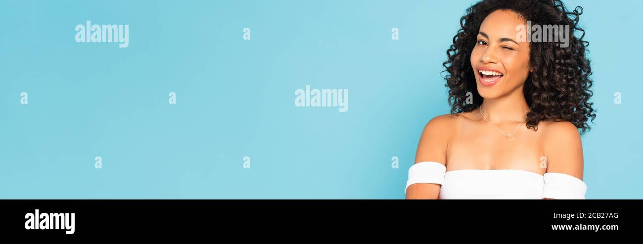 website header of cheerful african american woman winking eye isolated ...