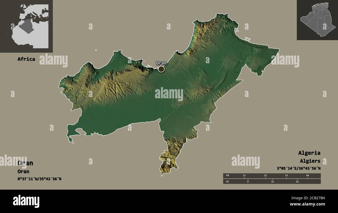 Shape of Oran, province of Algeria, and its capital. Distance scale ...