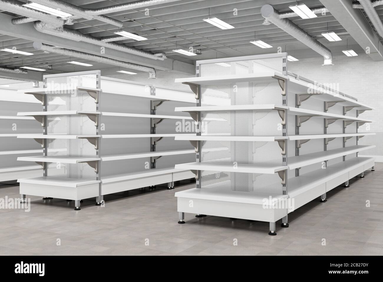 Supermarket interior with empty store shelves mock up. 3d render Stock ...