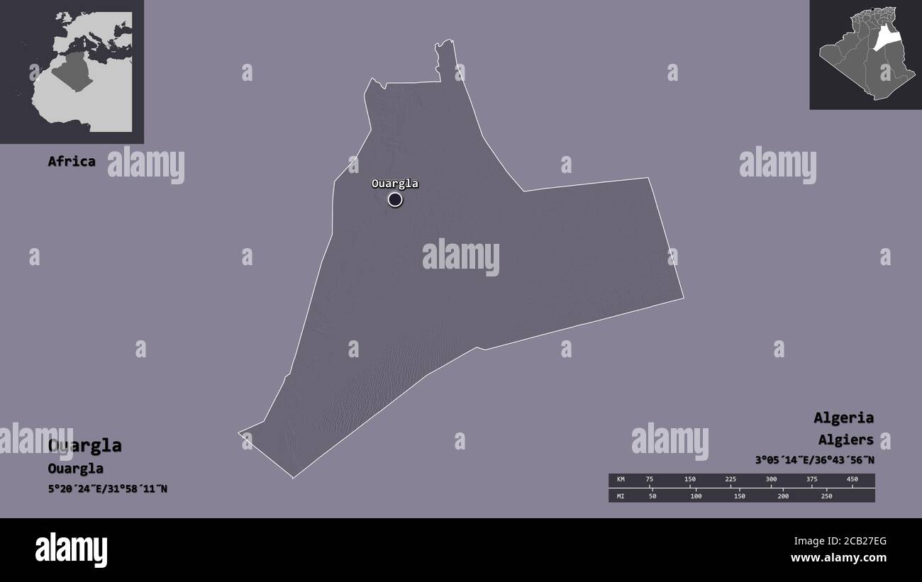 Shape of Ouargla, province of Algeria, and its capital. Distance scale ...