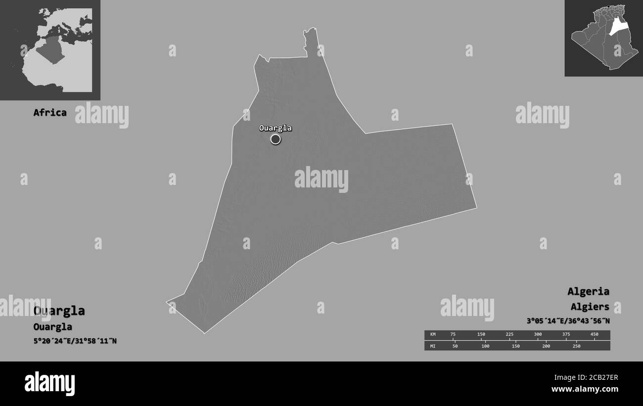 Shape of Ouargla, province of Algeria, and its capital. Distance scale ...