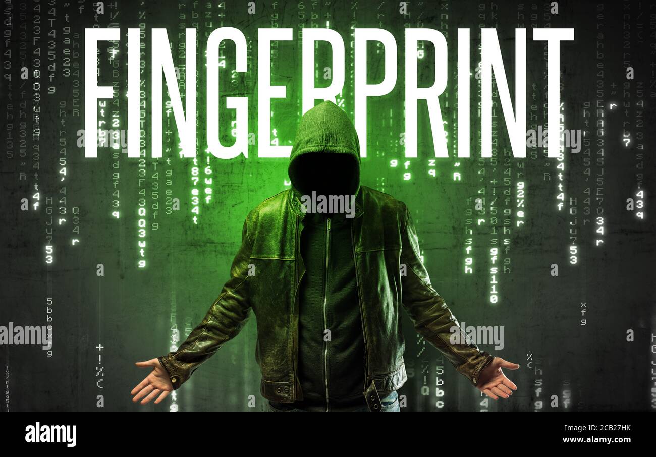 Faceless hacker with FINGERPRINT inscription, hacking concept Stock ...