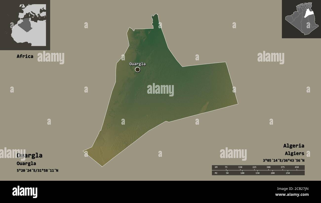 Shape of Ouargla, province of Algeria, and its capital. Distance scale ...