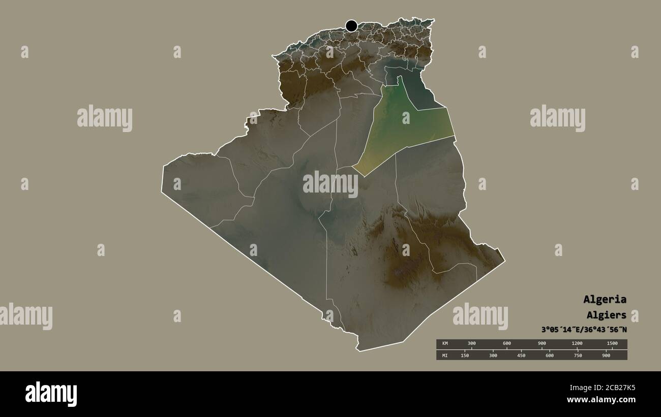 Desaturated shape of Algeria with its capital, main regional division ...