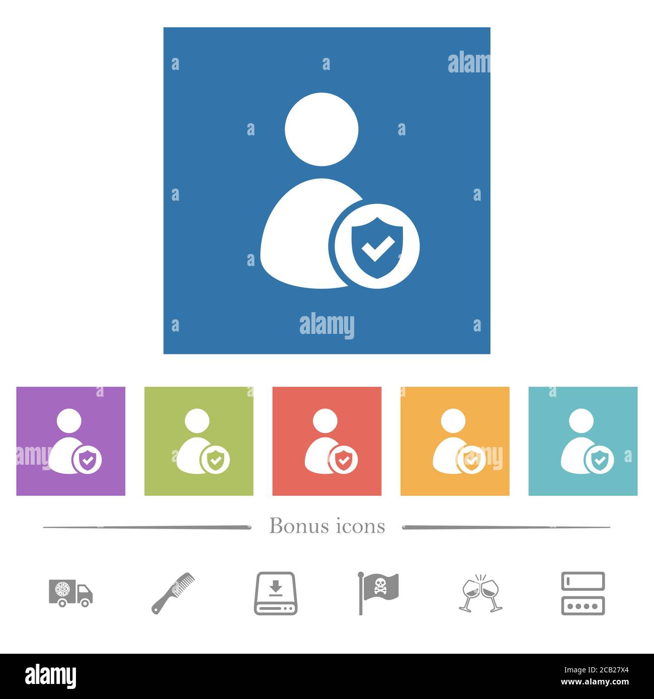 User account protected flat white icons in square backgrounds. 6 bonus ...
