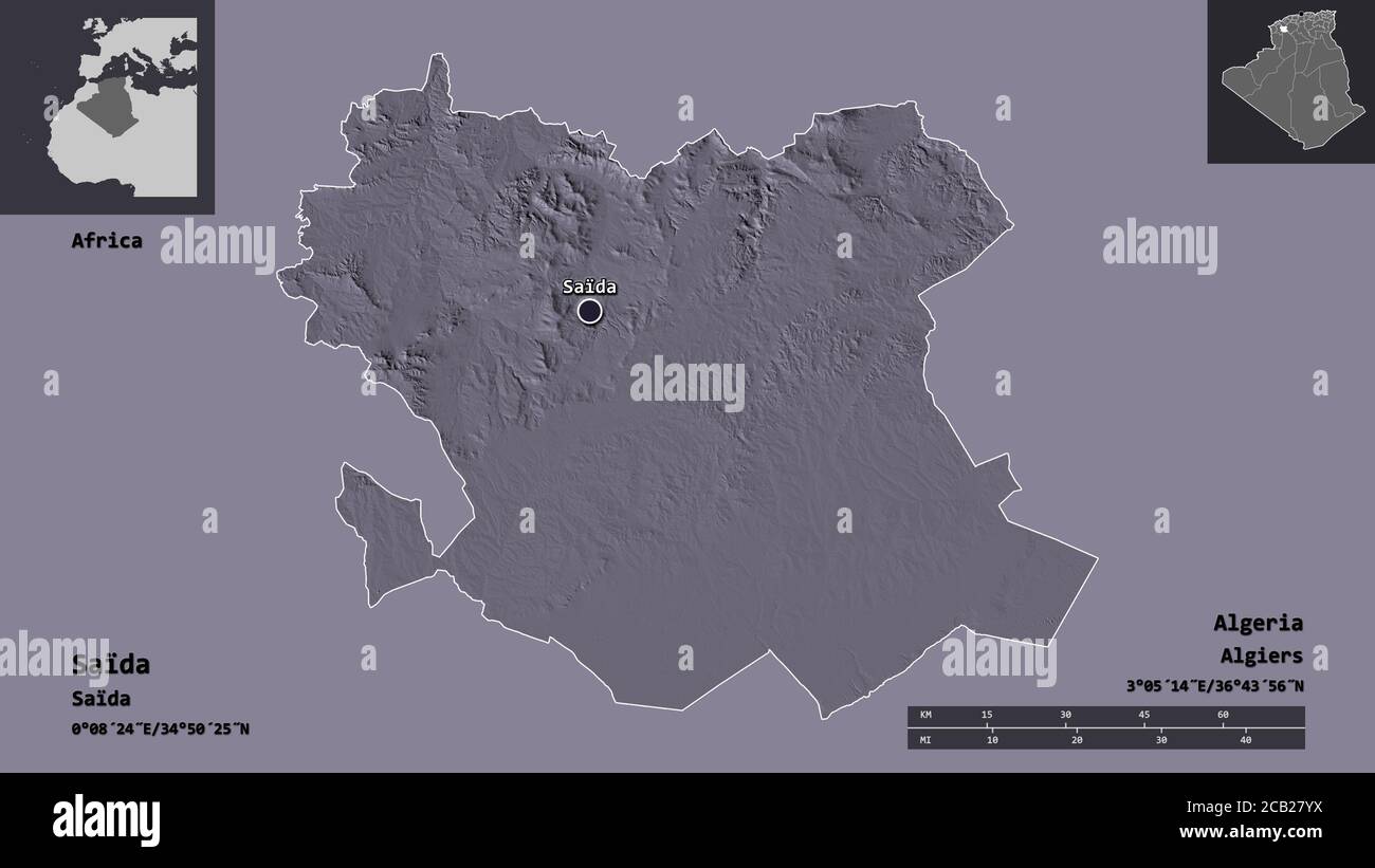 Shape of Saïda, province of Algeria, and its capital. Distance scale ...