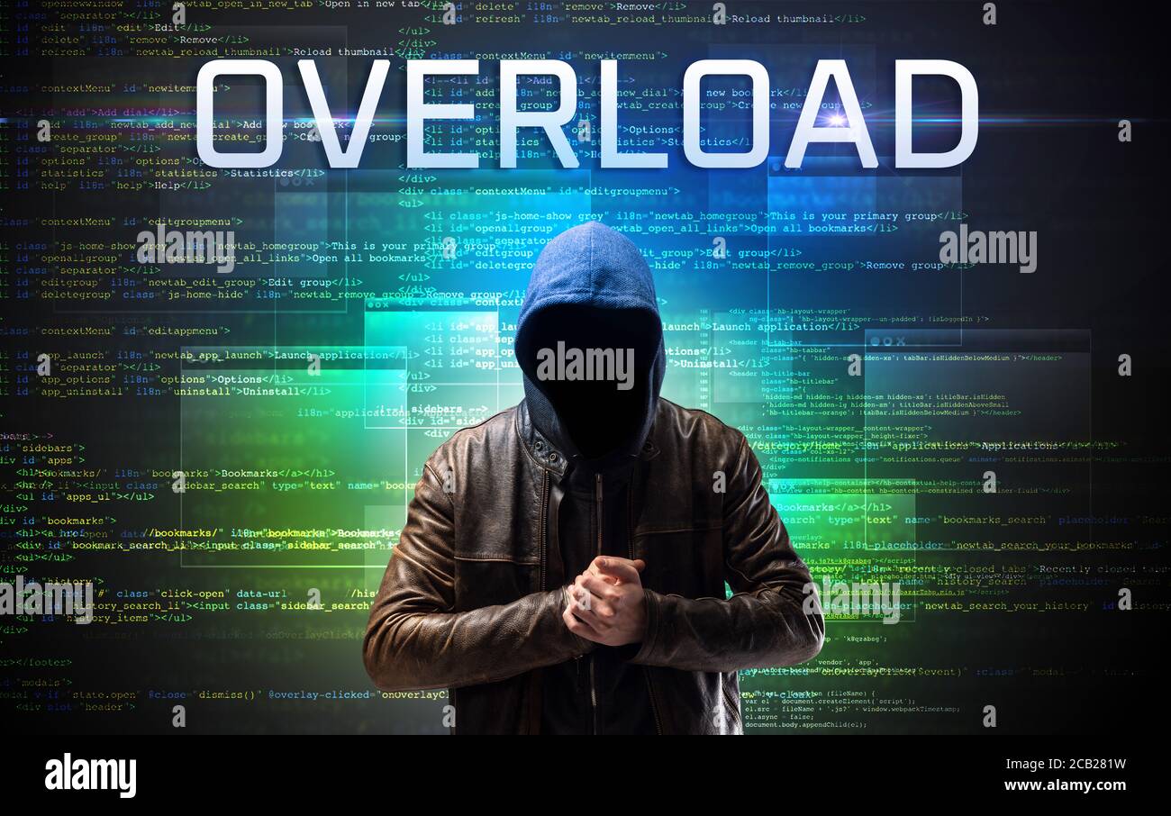 Faceless hacker with OVERLOAD inscription on a binary code background ...