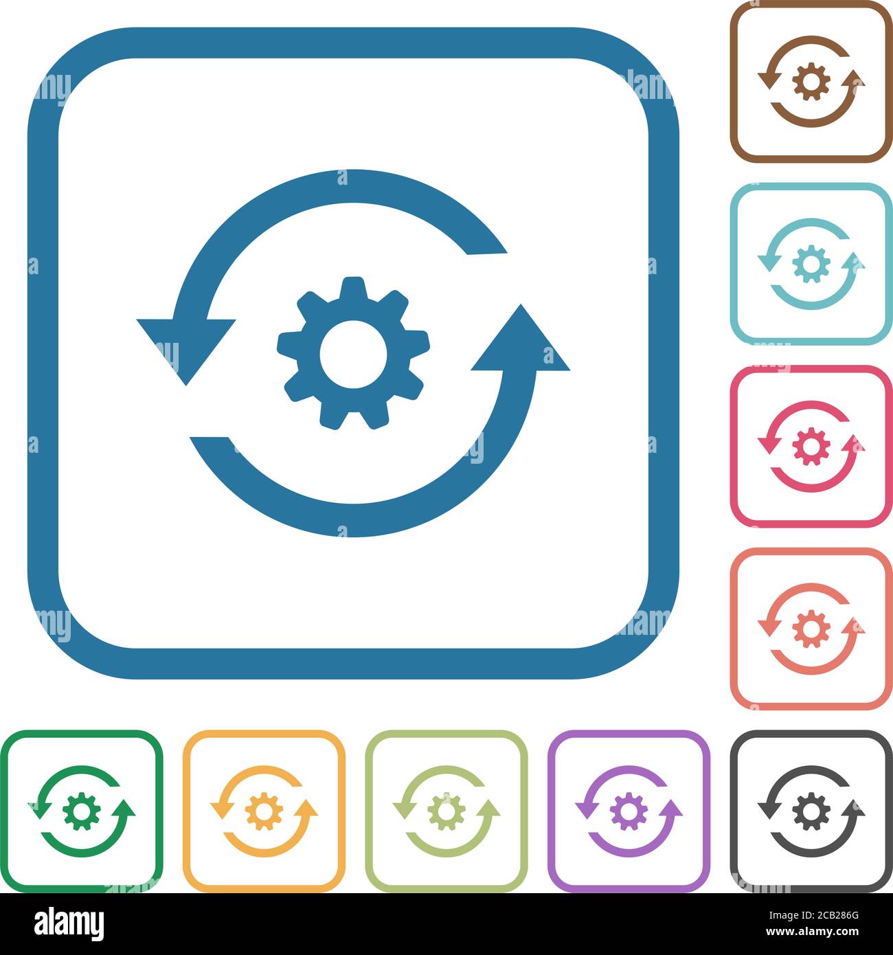 Refresh settings simple icons in color rounded square frames on white ...