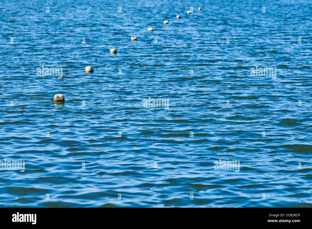 Floating buoys barrier on sea water. Safety white beacons rope for ...