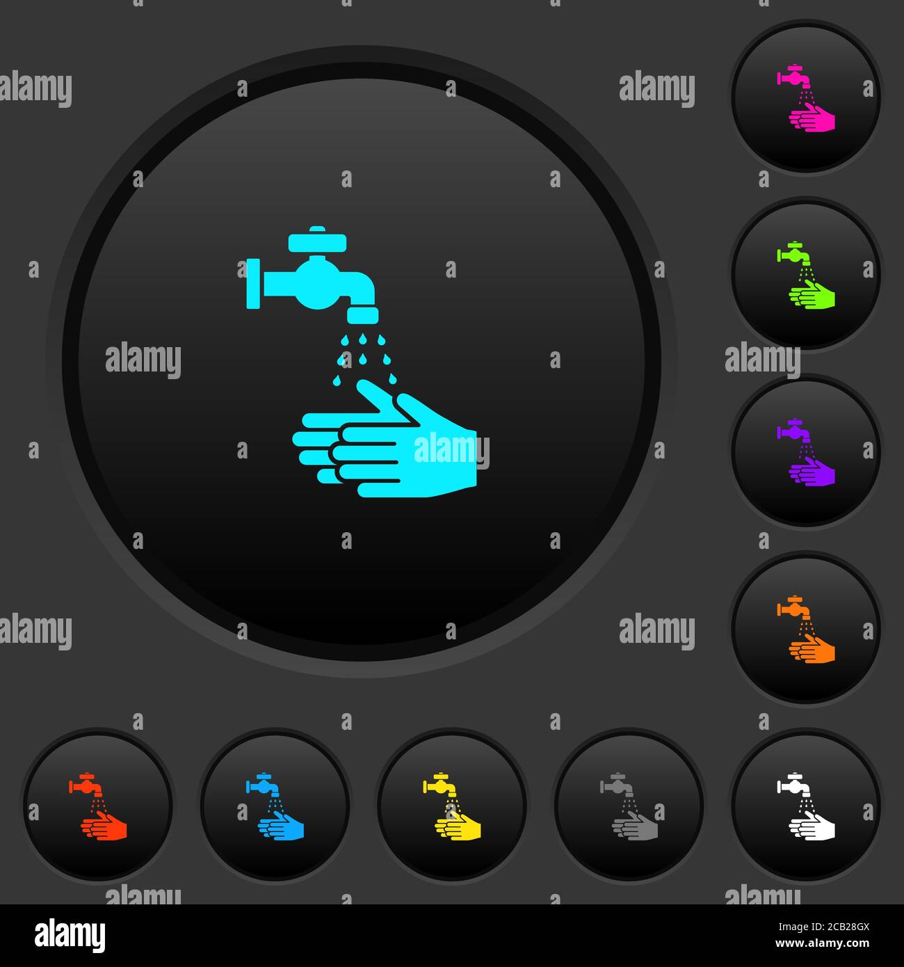 Hand washing dark push buttons with vivid color icons on dark grey ...