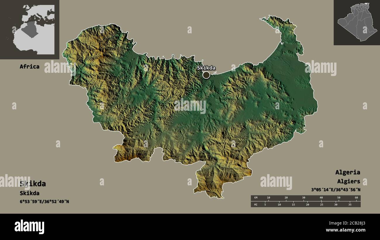 Shape of Skikda, province of Algeria, and its capital. Distance scale ...