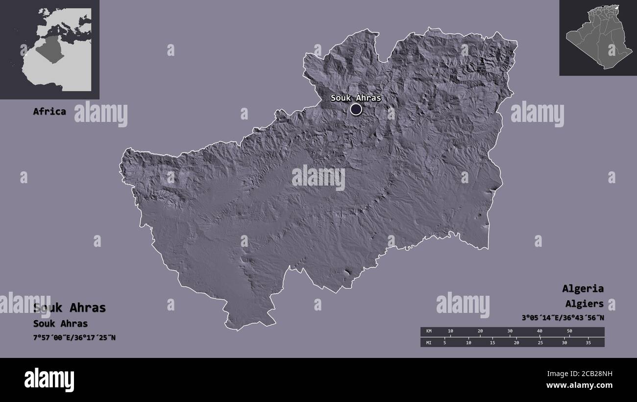 Shape of Souk Ahras, province of Algeria, and its capital. Distance ...