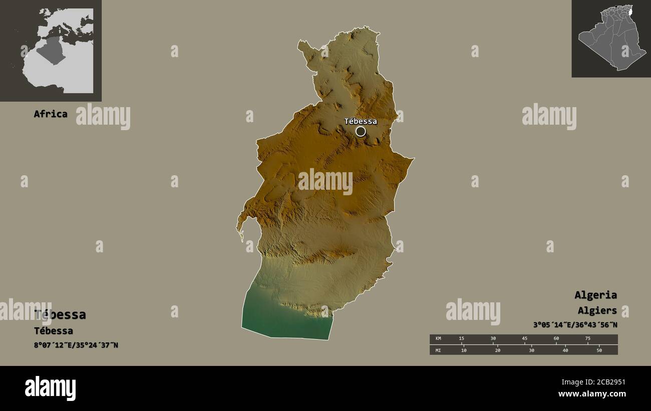 Shape of Tébessa, province of Algeria, and its capital. Distance scale ...