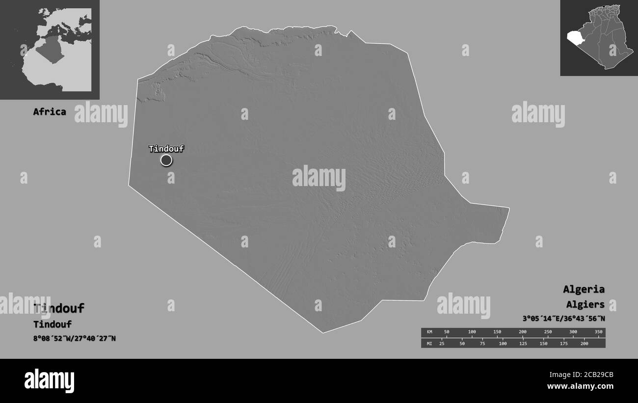Shape of Tindouf, province of Algeria, and its capital. Distance scale ...
