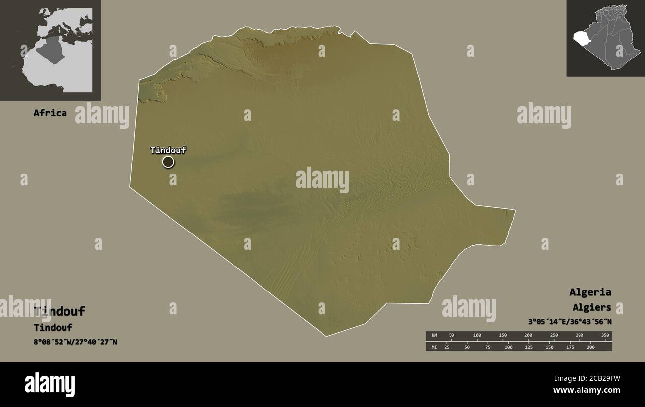Shape of Tindouf, province of Algeria, and its capital. Distance scale ...