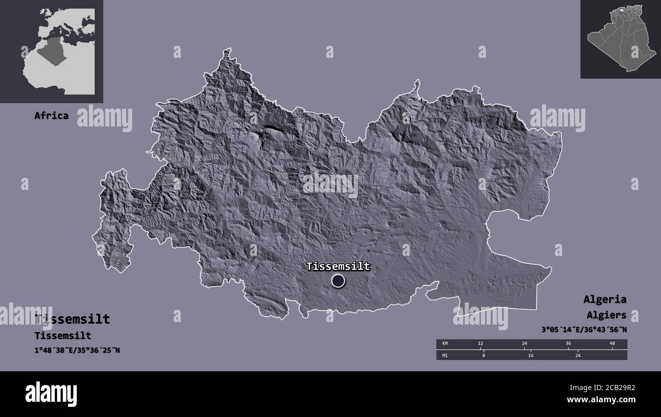 Shape of Tissemsilt, province of Algeria, and its capital. Distance ...