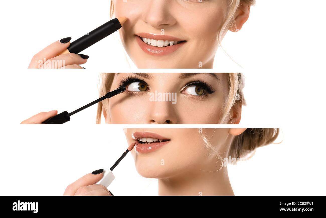 collage of beautiful woman applying lip gloss, concealer and mascara ...