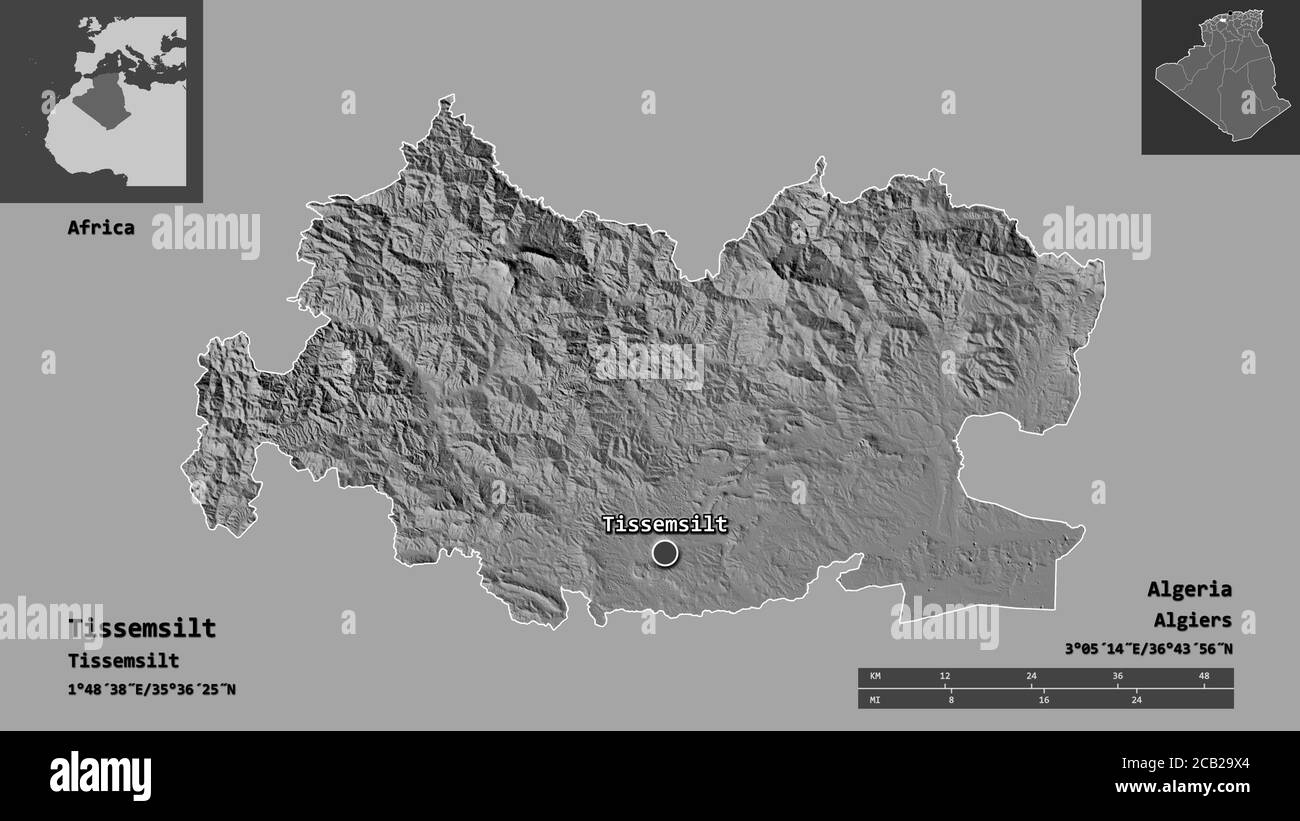 Shape of Tissemsilt, province of Algeria, and its capital. Distance ...