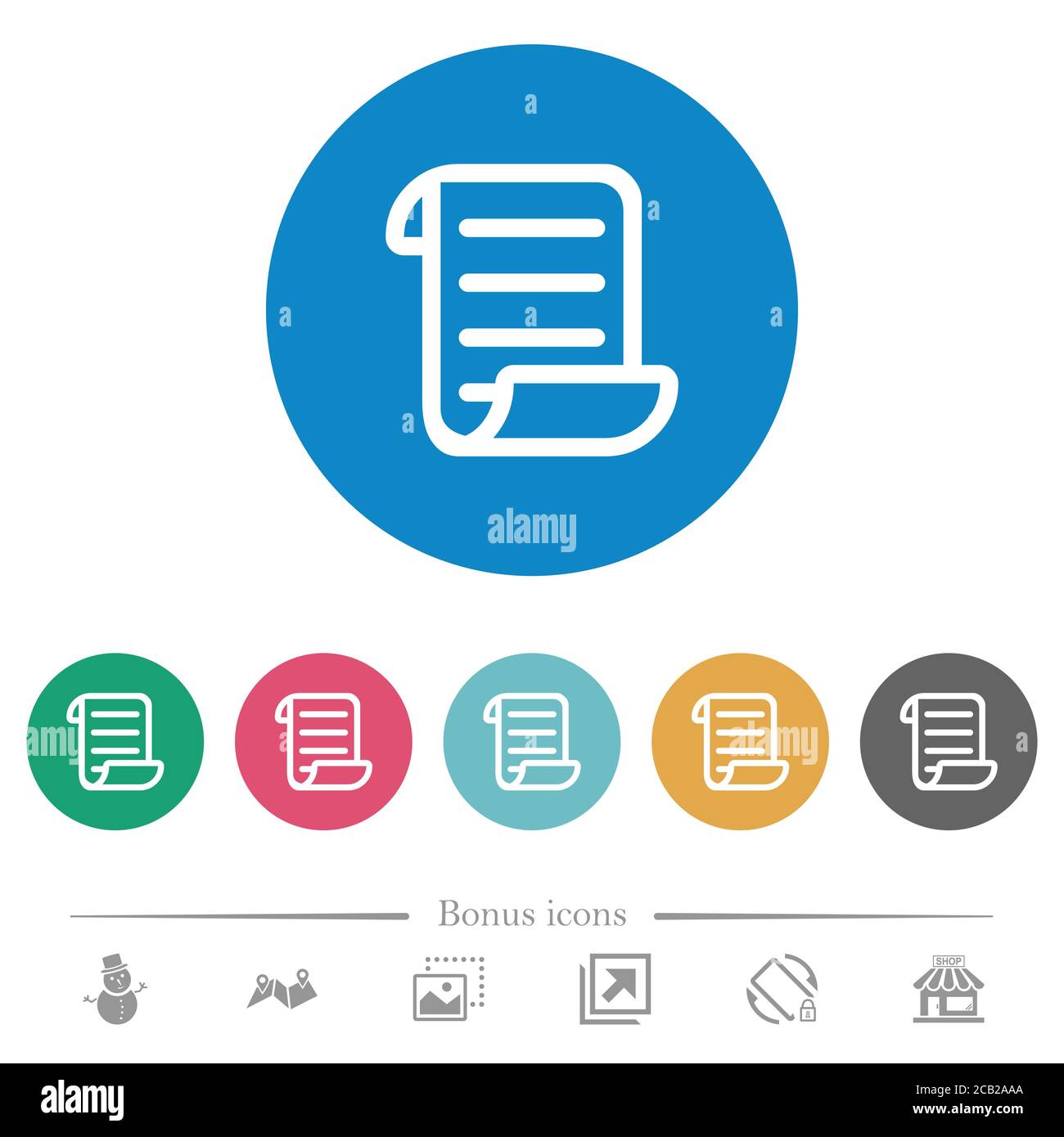 Script code flat white icons on round color backgrounds. 6 bonus icons ...