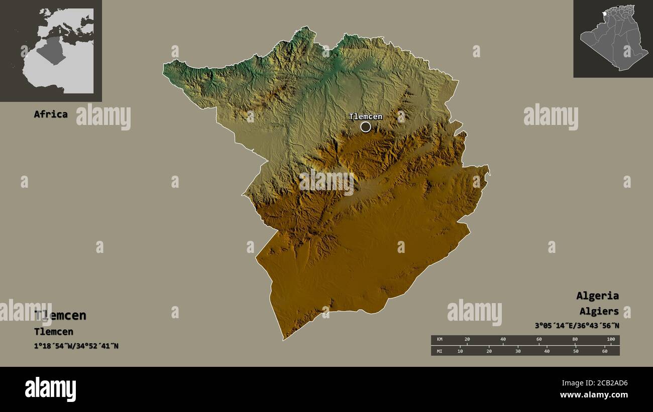 Shape of Tlemcen, province of Algeria, and its capital. Distance scale ...