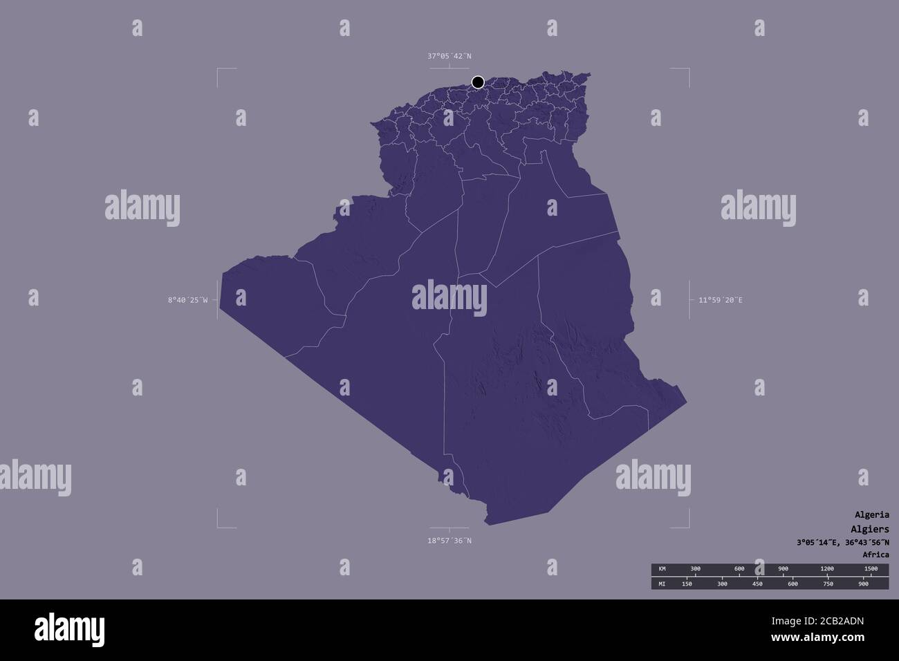 Area of Algeria isolated on a solid background in a georeferenced ...