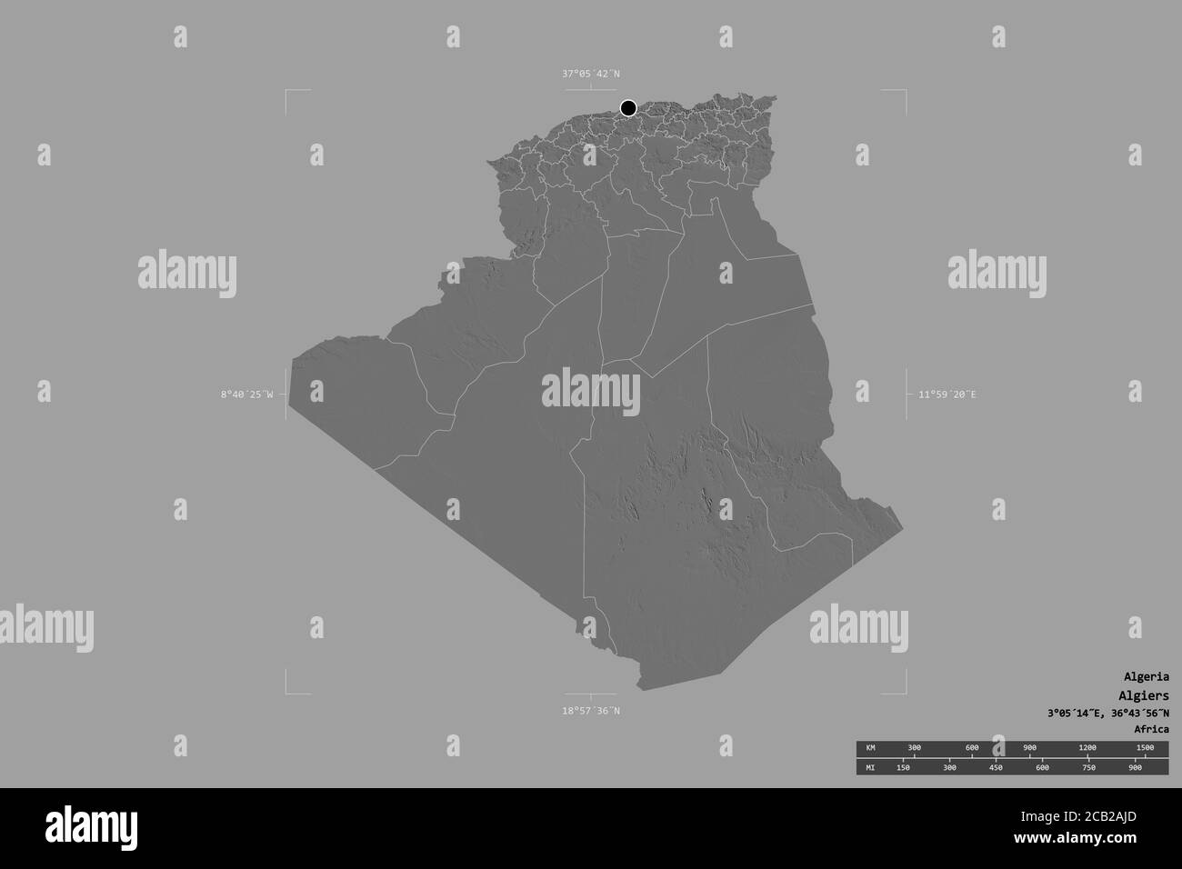 Area of Algeria isolated on a solid background in a georeferenced ...