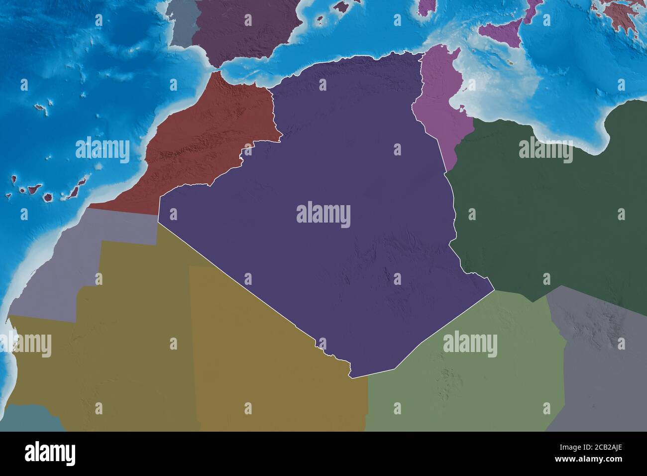 Extended area of outlined Algeria. Colored elevation map. 3D rendering ...