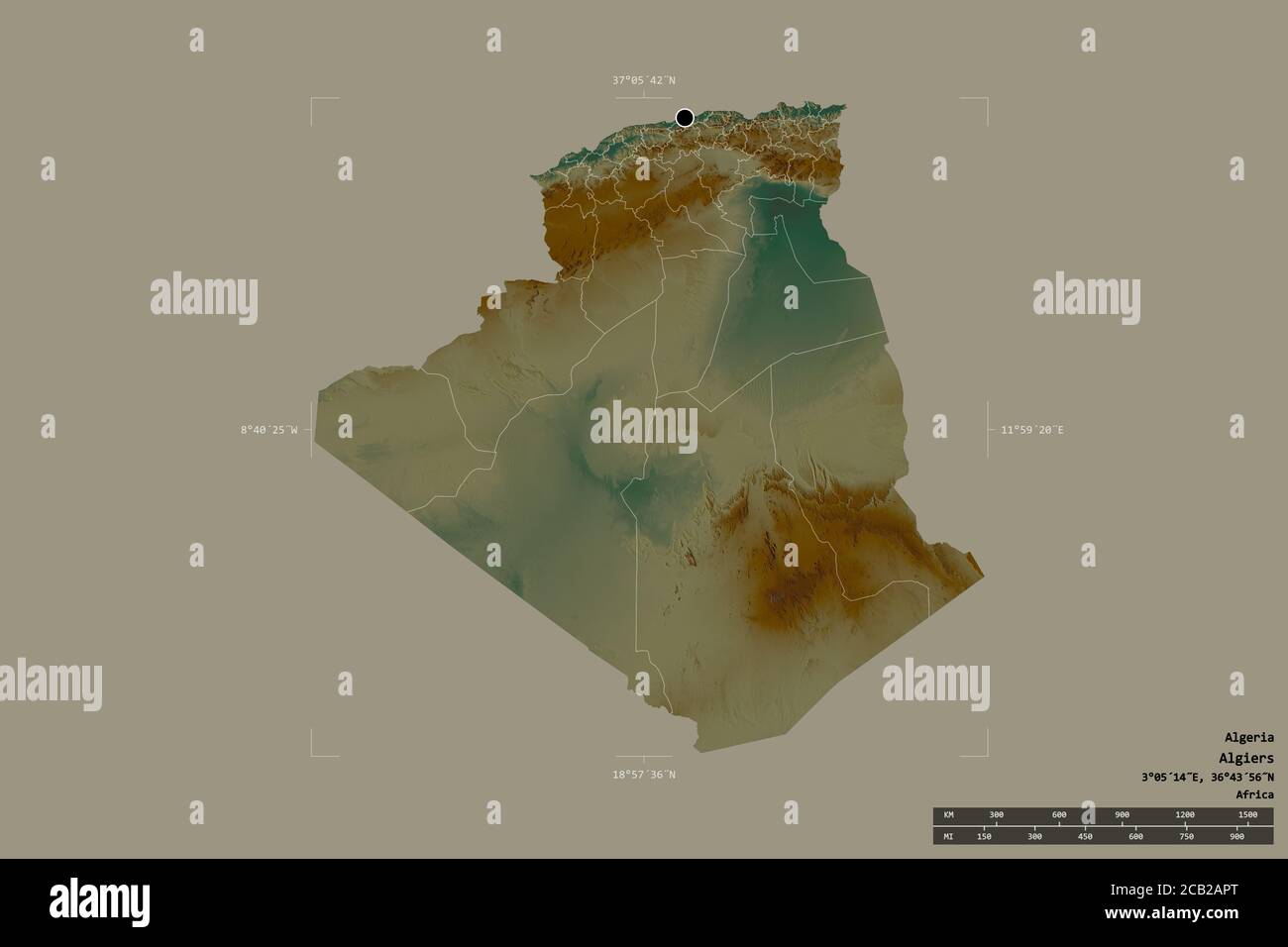 Area of Algeria isolated on a solid background in a georeferenced ...