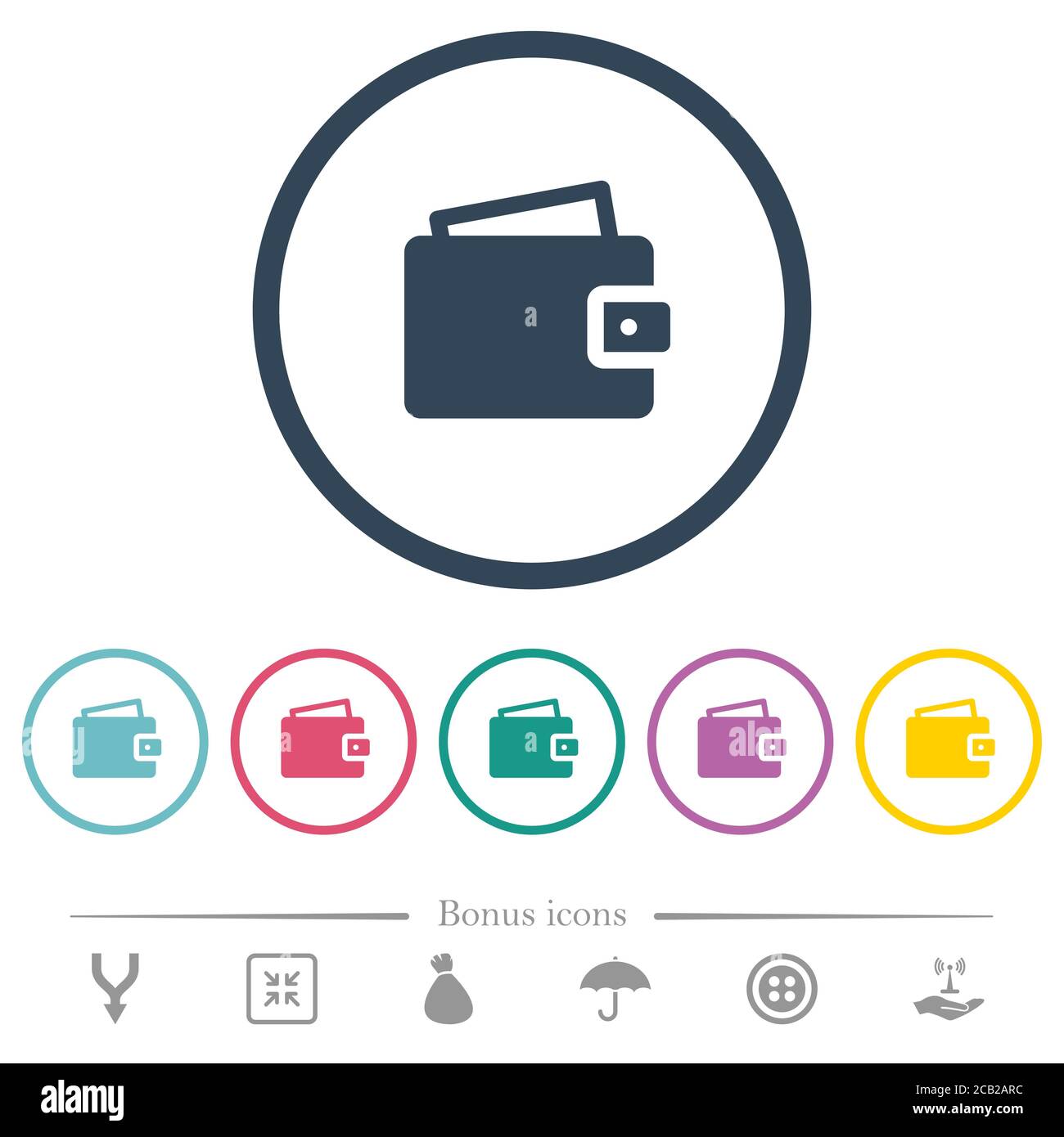 Single wallet flat color icons in round outlines. 6 bonus icons ...