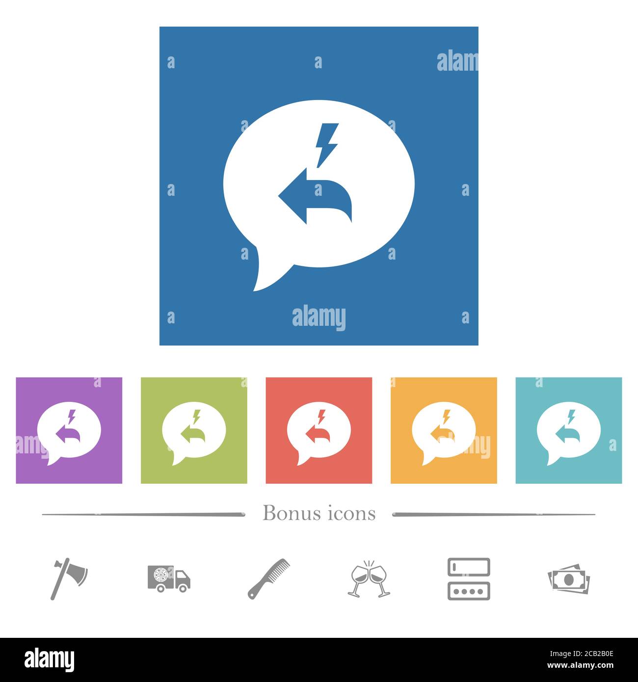 Quick reply message flat white icons in square backgrounds. 6 bonus ...