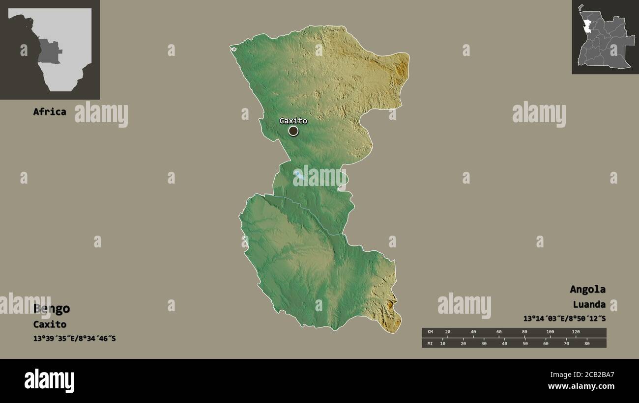 Shape of Bengo, province of Angola, and its capital. Distance scale ...