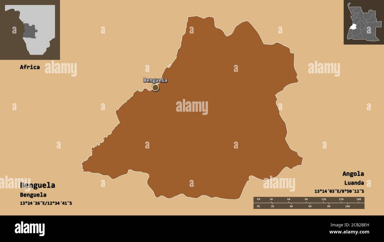 Shape of Benguela, province of Angola, and its capital. Distance scale ...