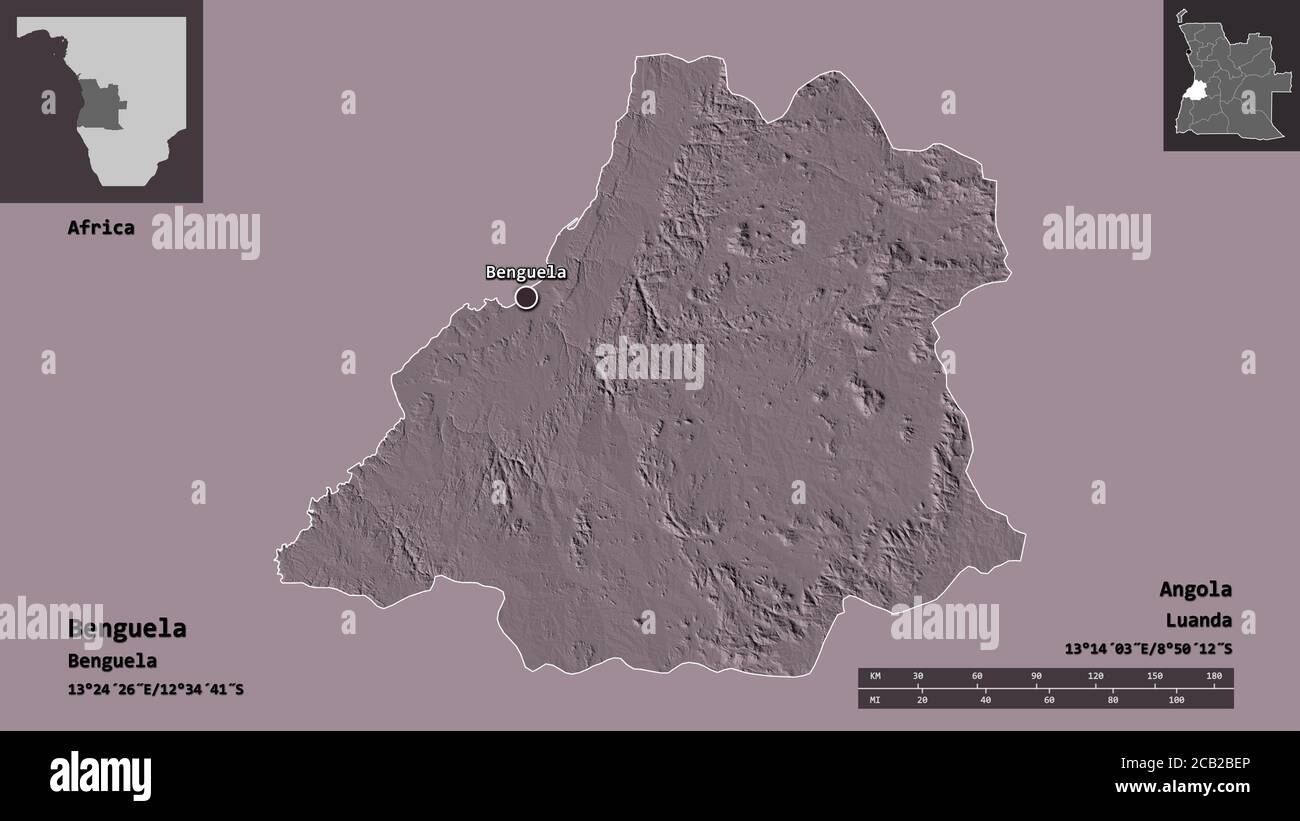 Shape of Benguela, province of Angola, and its capital. Distance scale ...