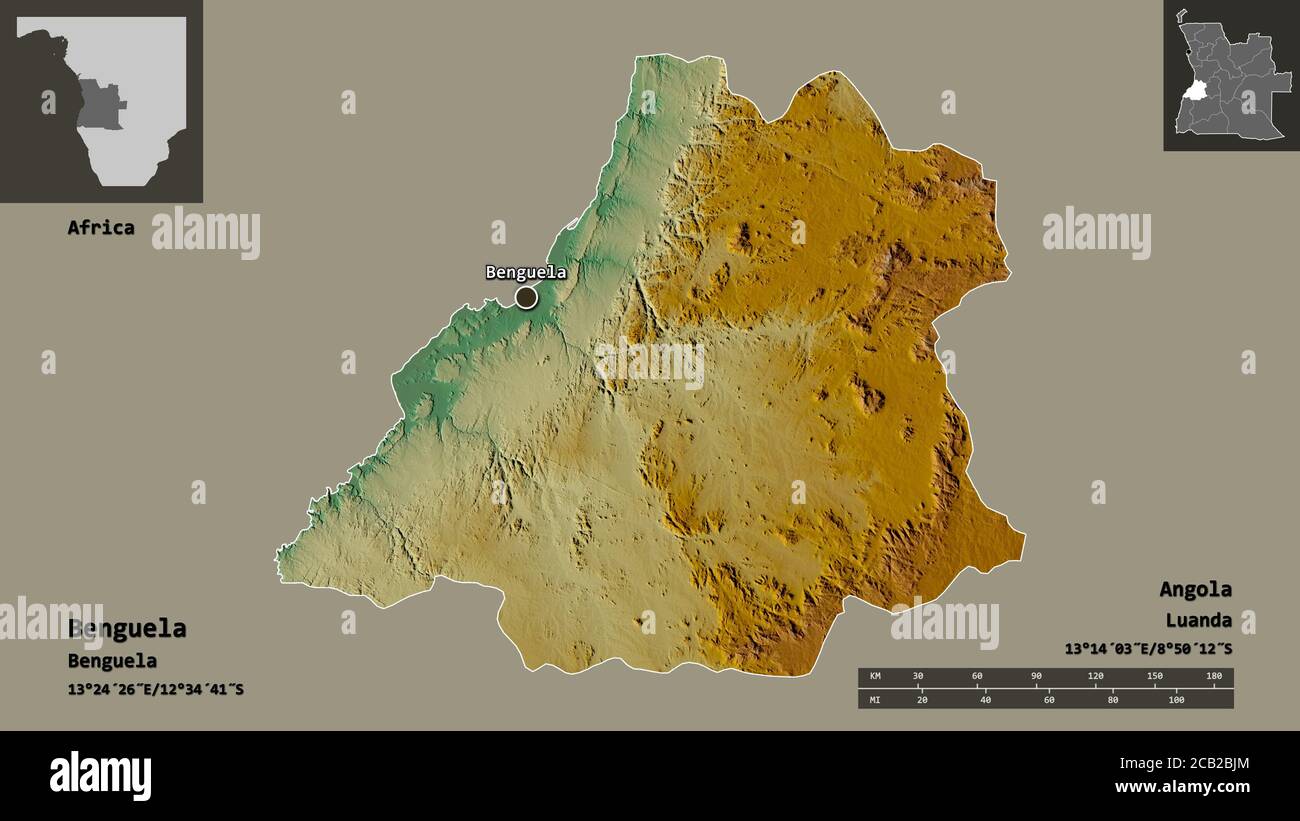 Shape of Benguela, province of Angola, and its capital. Distance scale ...
