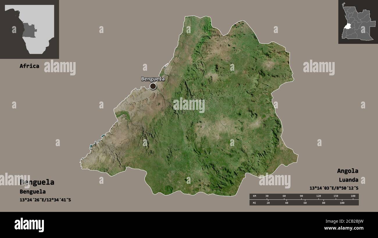 Shape of Benguela, province of Angola, and its capital. Distance scale ...