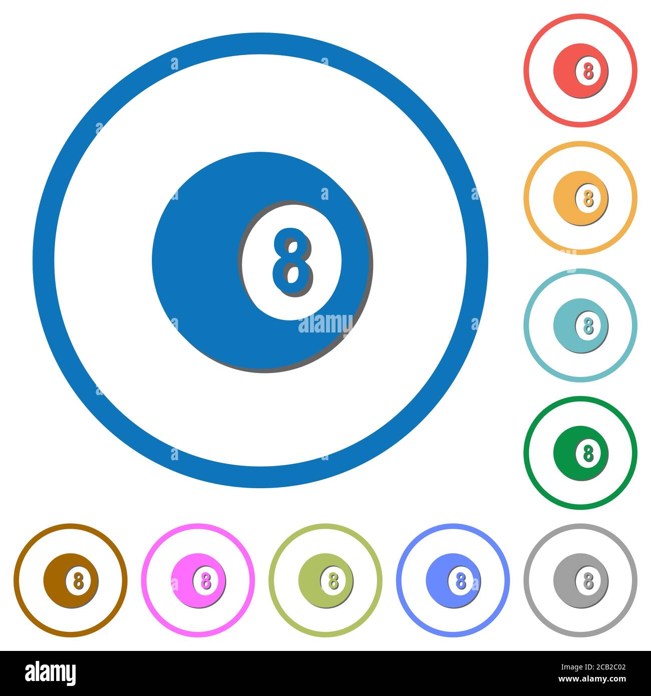Black eight billiard ball flat color vector icons with shadows in round ...