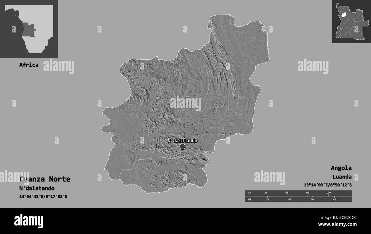 Shape of Cuanza Norte, province of Angola, and its capital. Distance ...