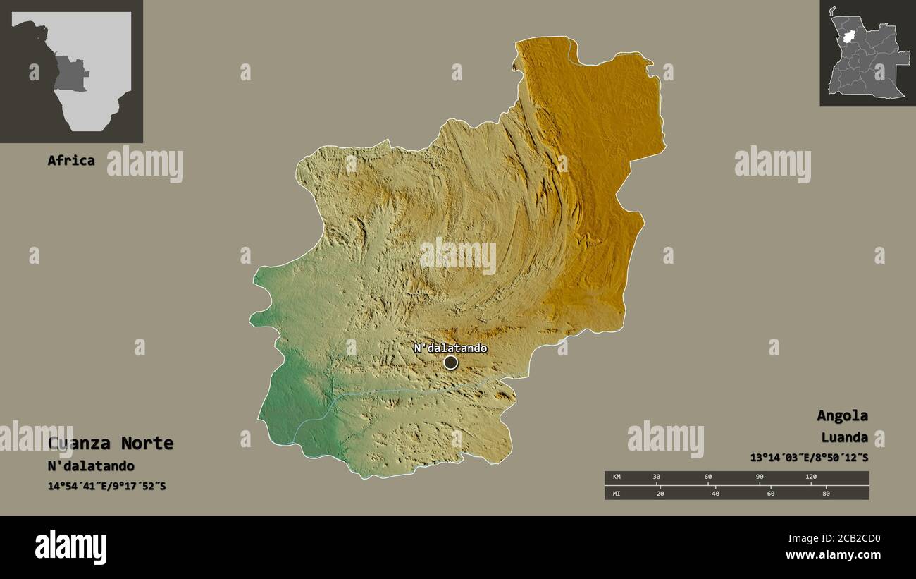 Shape of Cuanza Norte, province of Angola, and its capital. Distance ...