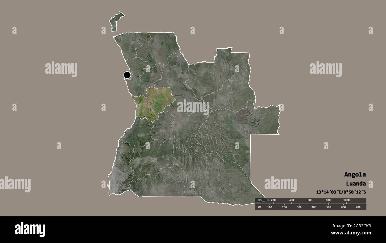 Desaturated shape of Angola with its capital, main regional division and the separated Cuanza ...