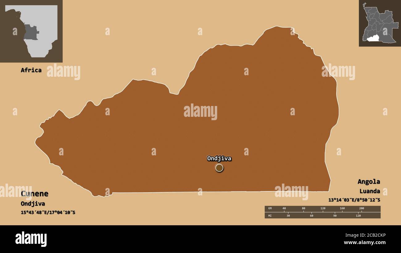 Shape of Cunene, province of Angola, and its capital. Distance scale ...