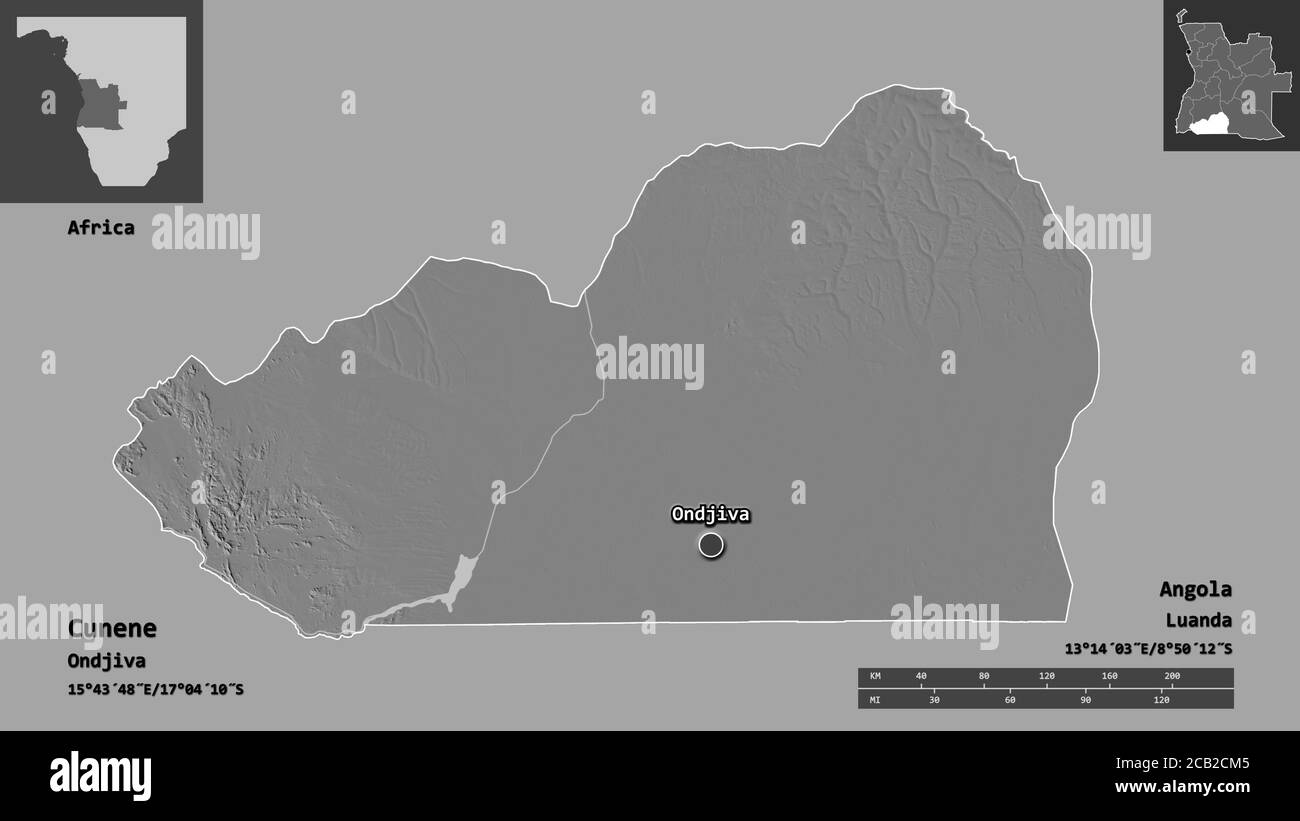 Shape of Cunene, province of Angola, and its capital. Distance scale, previews and labels ...