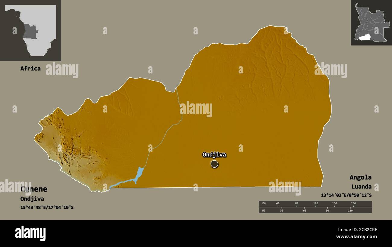 Shape of Cunene, province of Angola, and its capital. Distance scale ...