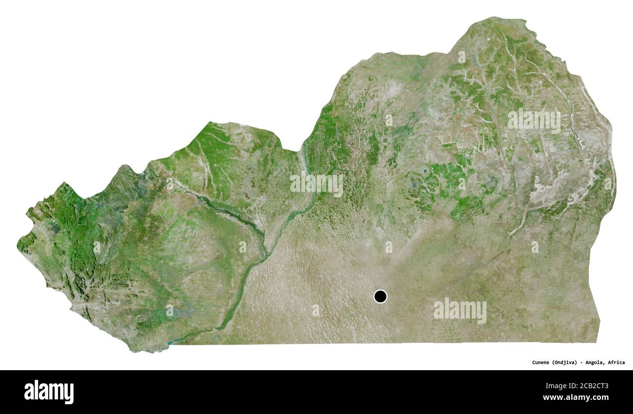 Shape of Cunene, province of Angola, with its capital isolated on white ...