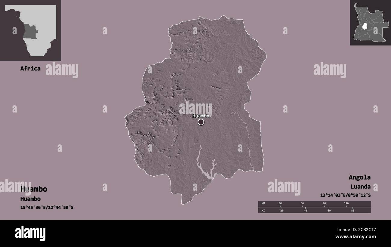 Shape of Huambo, province of Angola, and its capital. Distance scale ...