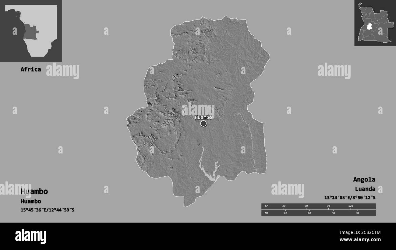 Shape of Huambo, province of Angola, and its capital. Distance scale ...